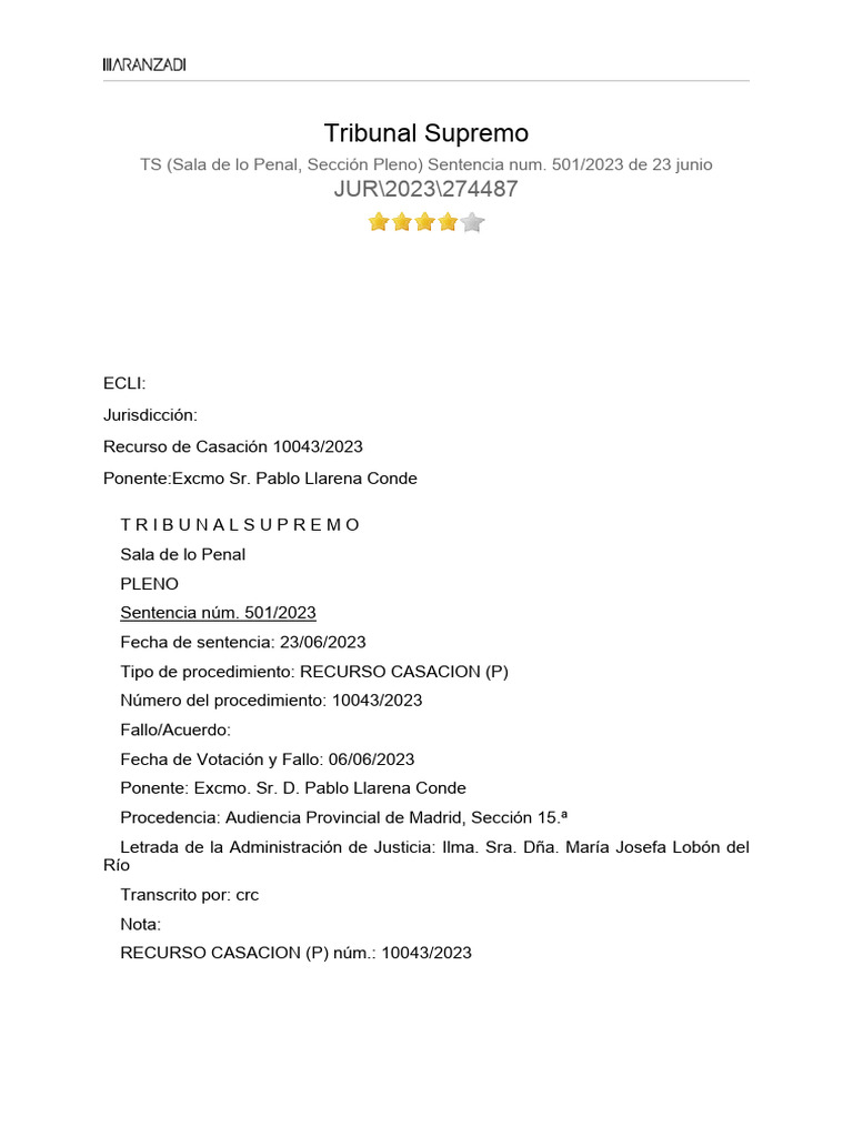 Jur - TS (Sala de Lo Penal, Seccion Pleno) Sentencia Num. 501-2023 de 23 Junio - JUR - 2023 ...