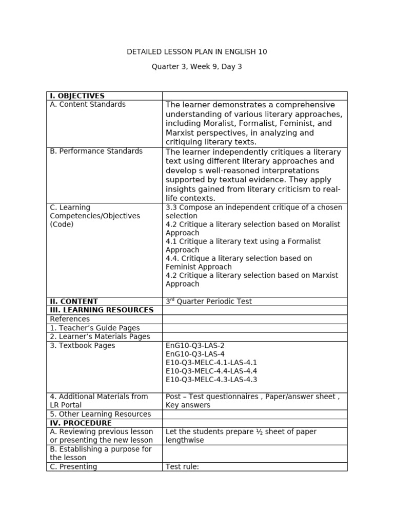 English 10 Literary Critique Lesson Plan | PDF | Learning | Lesson Plan