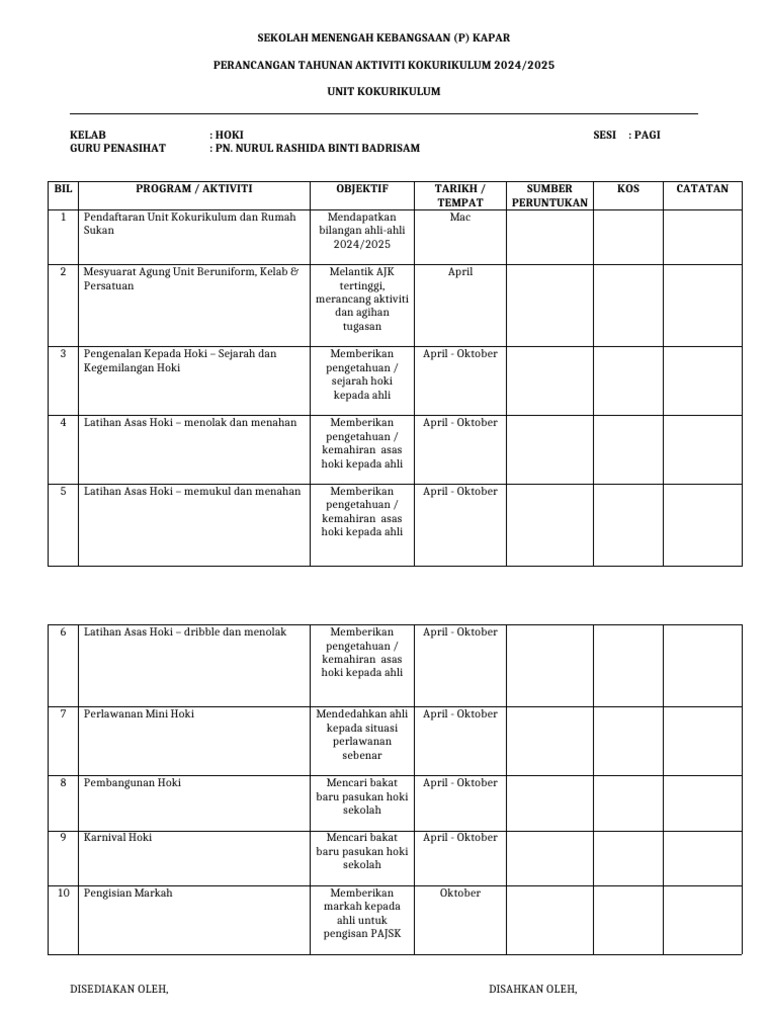 Perancangan Aktiviti Kelab Hoki 2025 | PDF