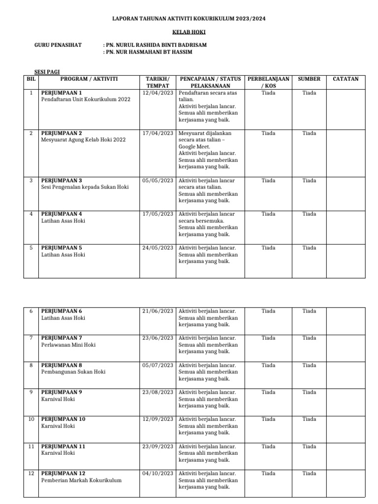 Laporan Aktiviti Kelab Hoki 2024 | PDF