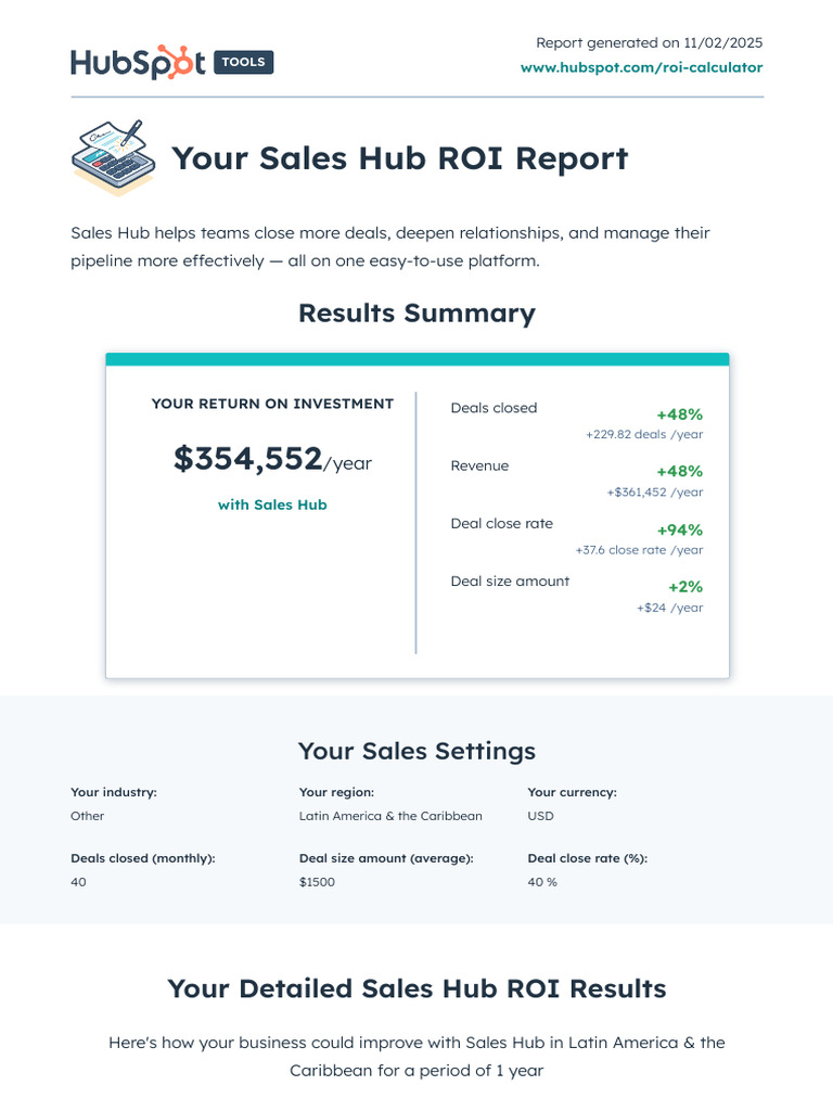 HubSpot ROI Calculator Report Sales Hub | PDF | Return On Investment ...