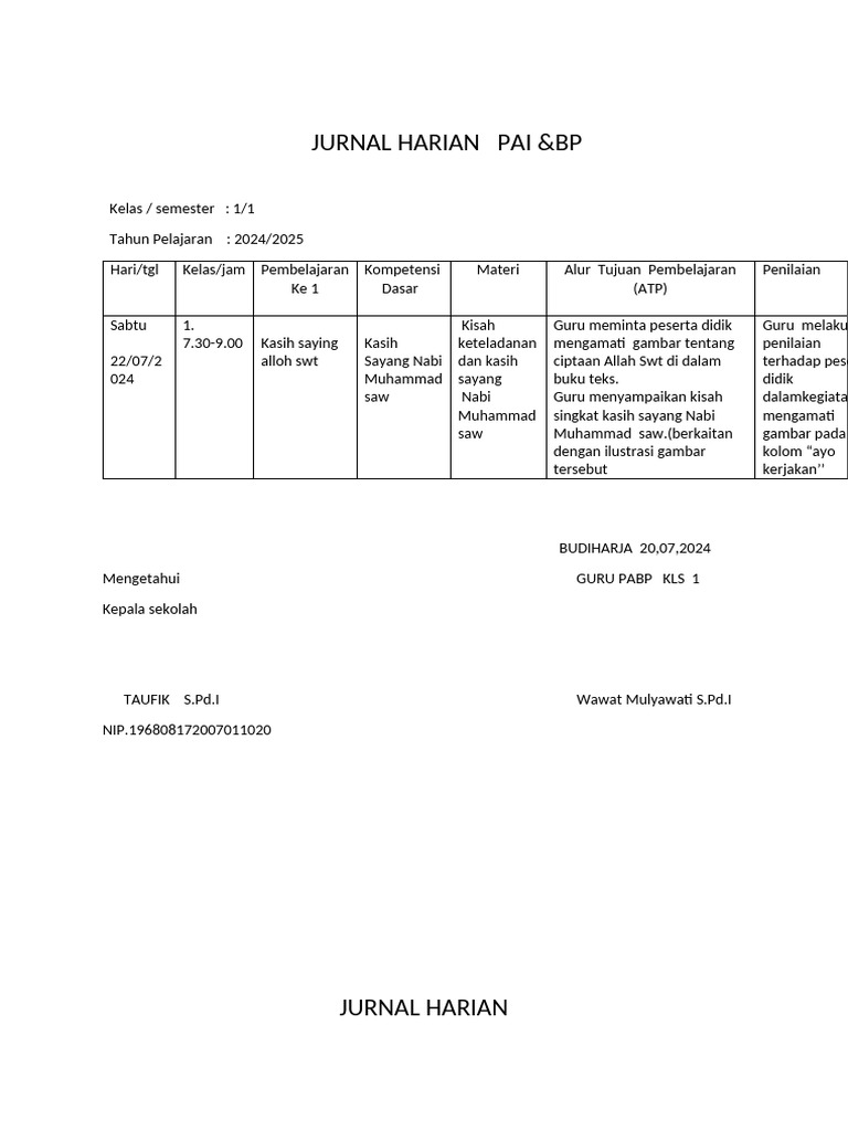 Jurnal Harian Pembelajaran PAI Kelas 1 | PDF
