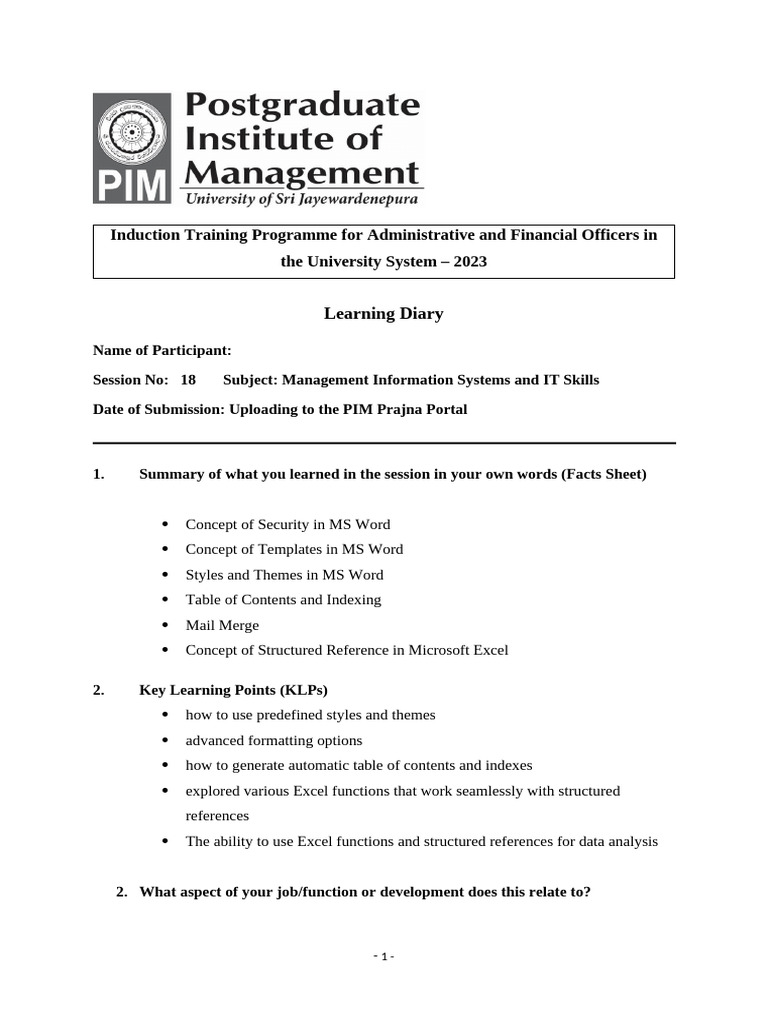 EDP - UGC Learning Diary Template | PDF | Microsoft Word | Microsoft Excel