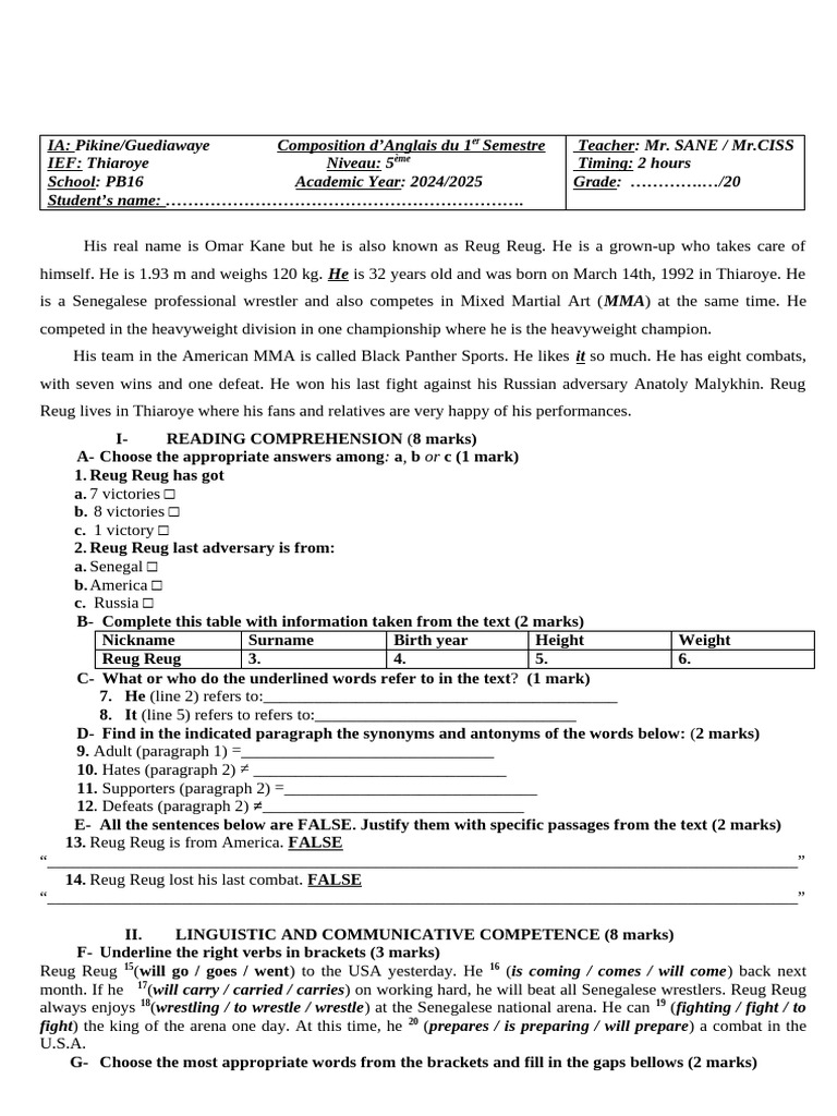 Grade 5 PB16 2025 Compo | PDF | Mixed Martial Arts | Combat Sports