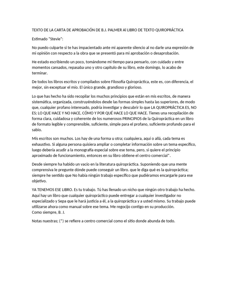 AVQ APROBACIÓN DE B.J. PALMER Al LIBRO DE TEXTO QUIROPRÁCTICA | PDF