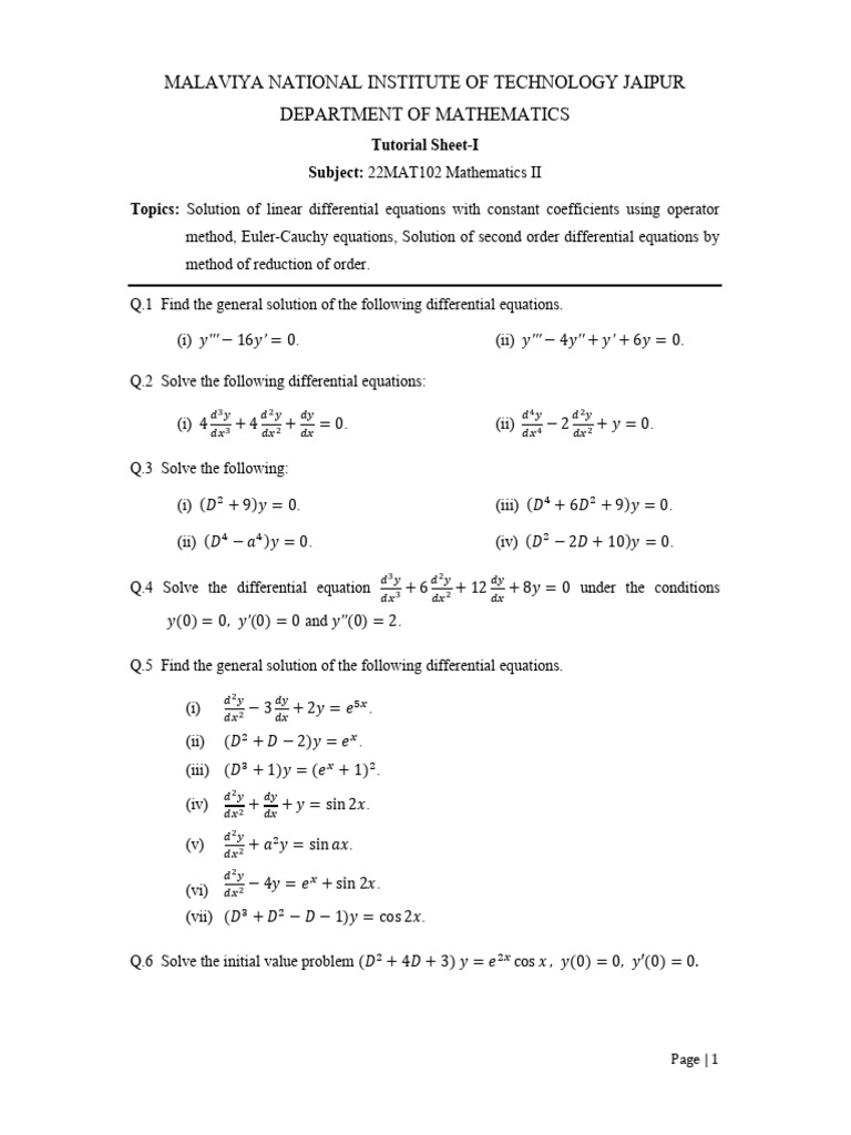 Tutorial Sheet-I 22mat151 Mathematics II | PDF | Equations | Calculus