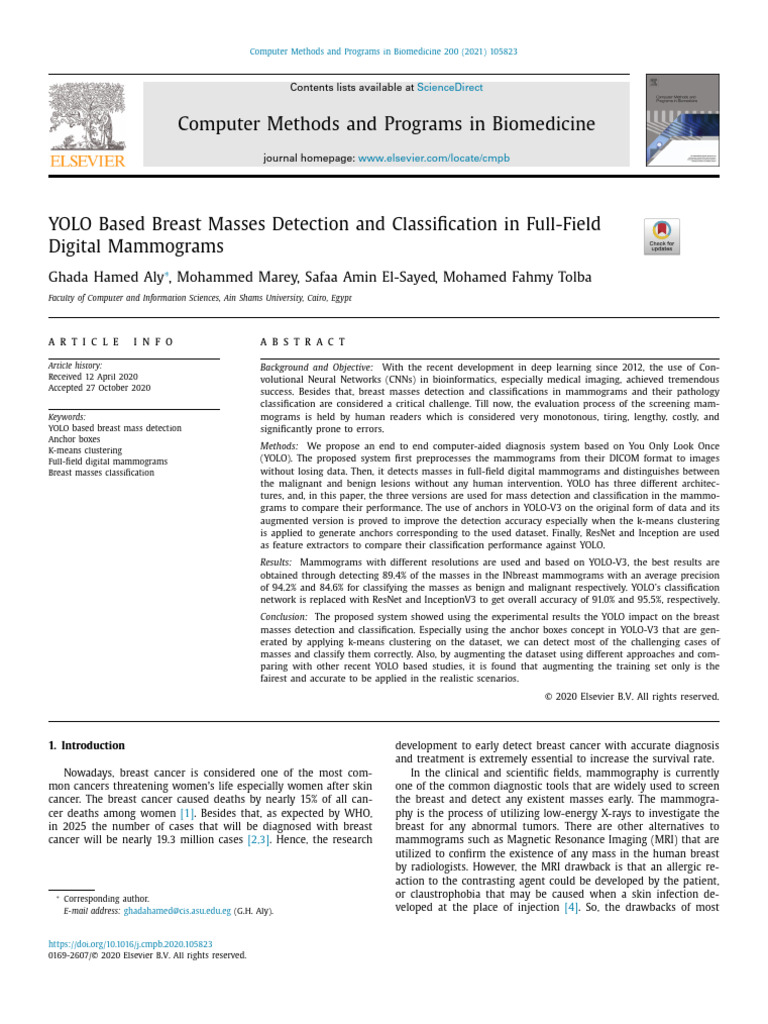 YOLO Based Breast Masses Detection and Classification | PDF | Mammography | Medical Specialties