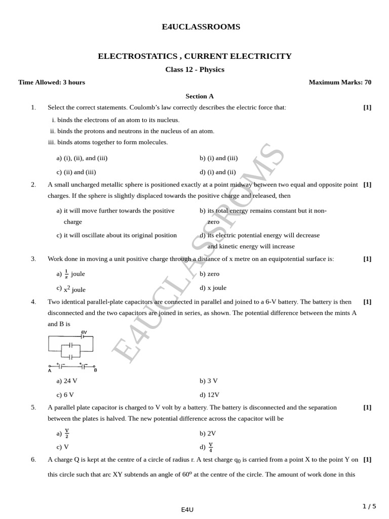 Class 12 Current Electricity Test PDF | PDF | Capacitor | Capacitance