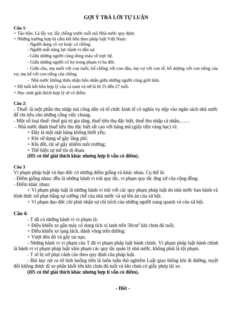 GỢI Ý TRẢ LỜI PHẦN TỰ LUẬN GDCD 9 - GKII | PDF