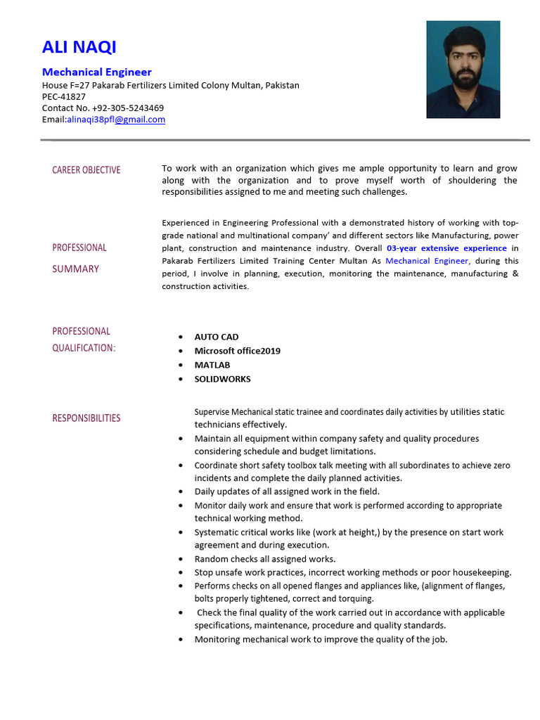 Mechanical Engineer Profile - Ali Naqi | PDF | Business