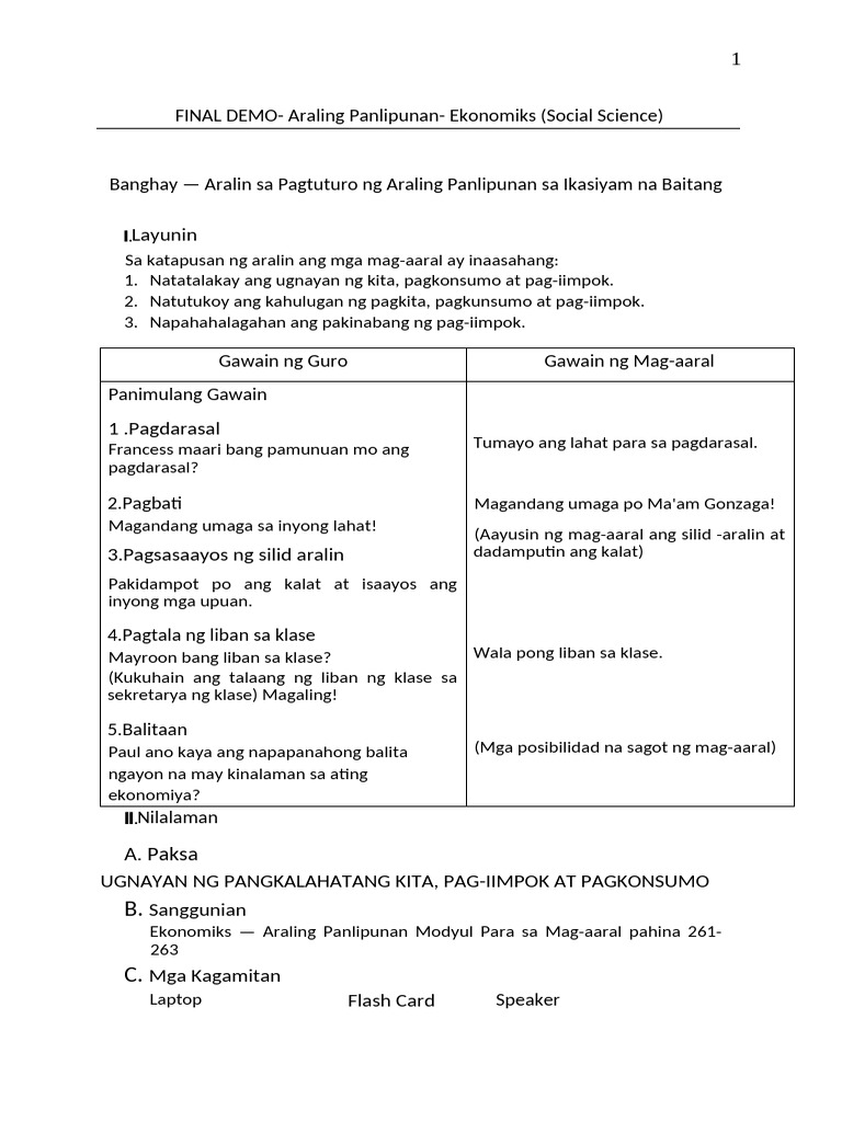 Detailed Lesson Plan Ugnayan NG Kita Pagkonsumo at Pag Iimpok | PDF