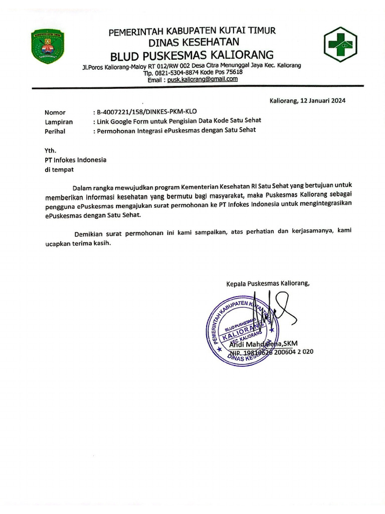 Surat Permohonan Integrasi Satu Sehat PKM Kaliorang | PDF