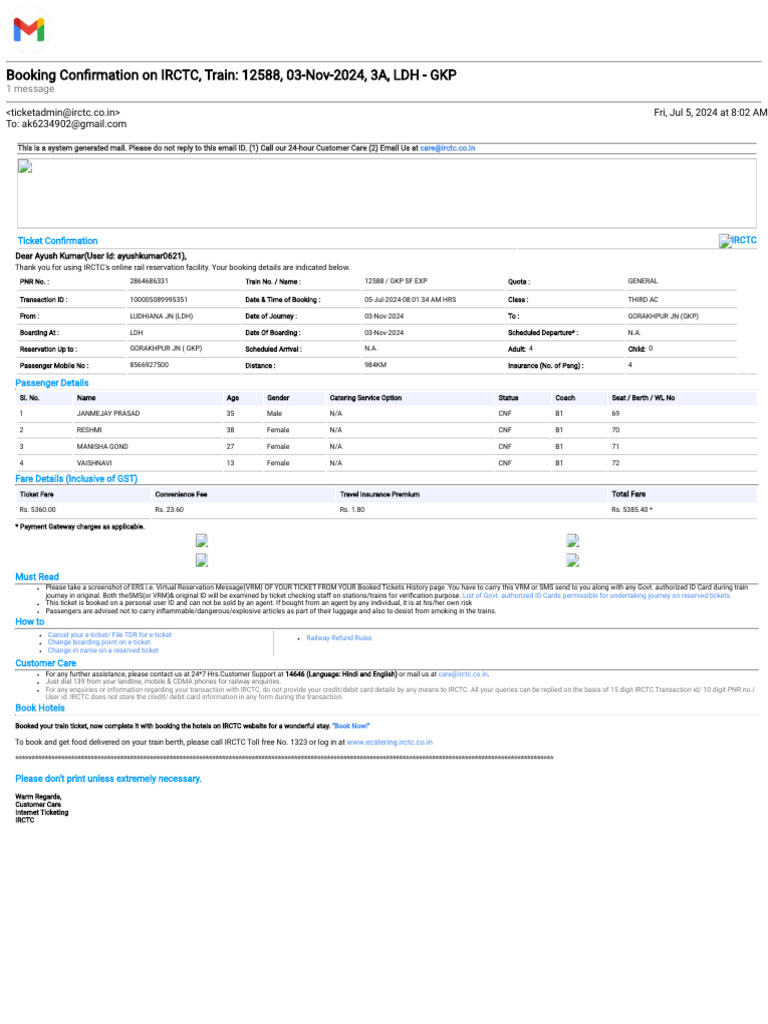 Gmail - Booking Confirmation On IRCTC, Train - 12588, 03-Nov-2024, 3A ...