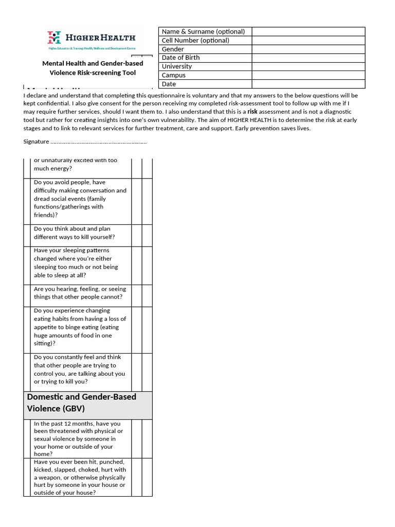 Mental Health & GBV Risk Assessment Tool | PDF | Domestic Violence ...