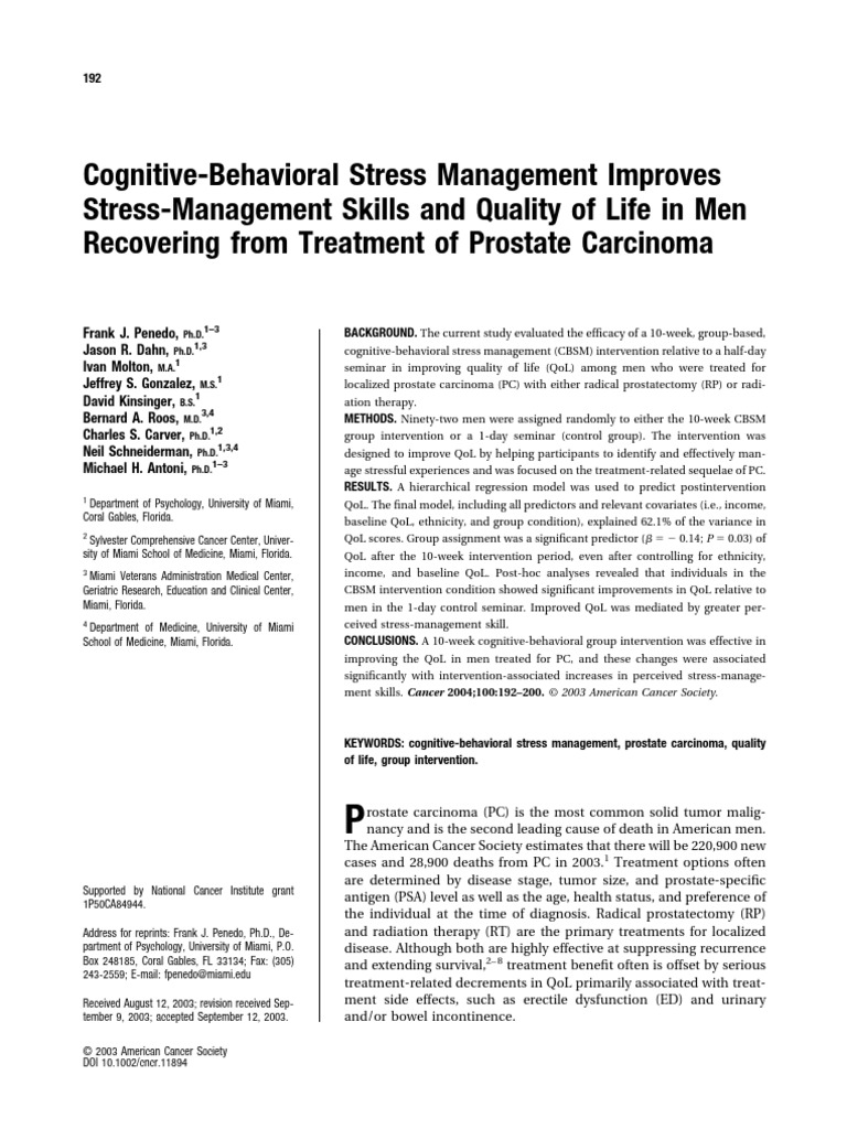Cancer - 2003 - Penedo - Cognitive Behavioral Stress Management Improves Stress Management ...