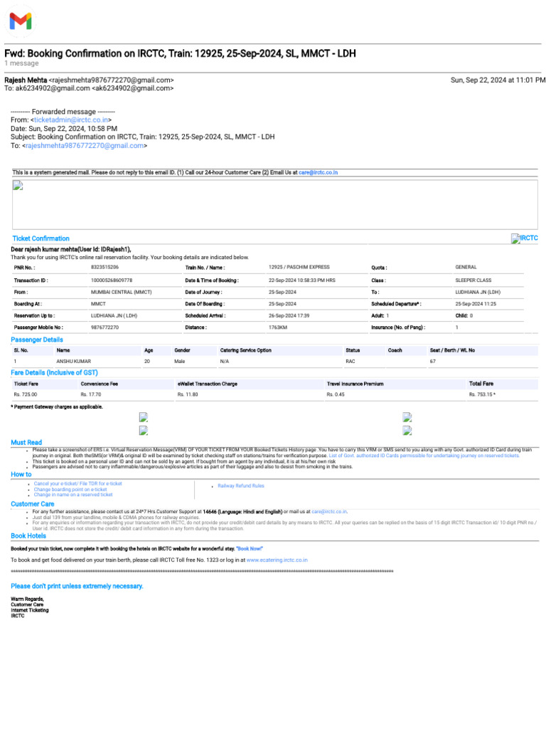 IRCTC Train Booking Confirmation Details | PDF | Service Industries