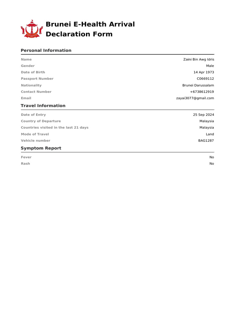 Brunei E-Health Arrival Declaration Form: Personal Information | PDF