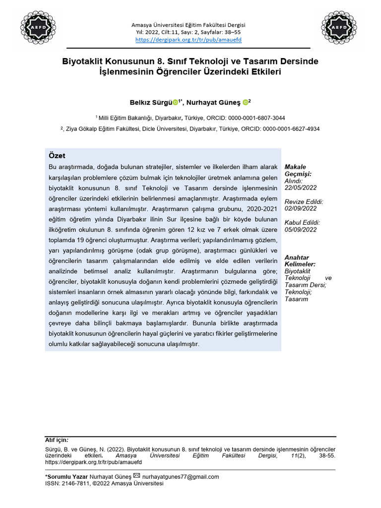 Biyotaklit Konusunun 8. S N F Teknoloji Ve Tasar M Dersinde Lenmesinin Renciler Zerindeki ...