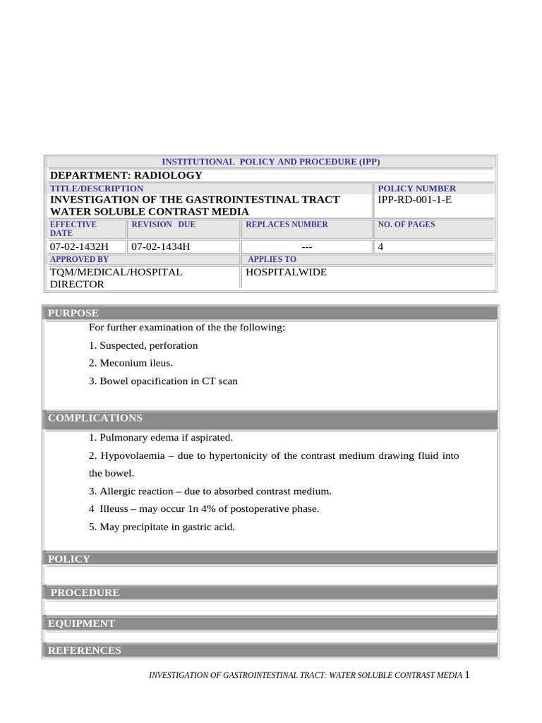 Water Soluble Contrast Media Investigation of Gastrointestinal Tract | PDF