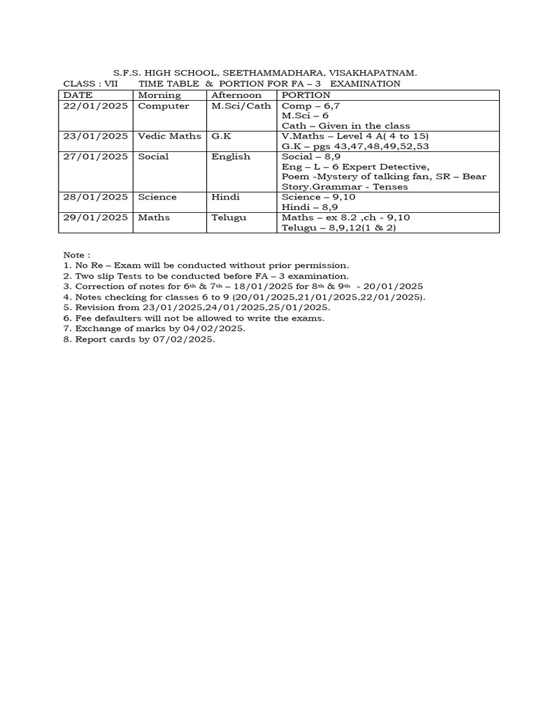 Fa 3 Time Table & Portion-4 - 1899 | PDF