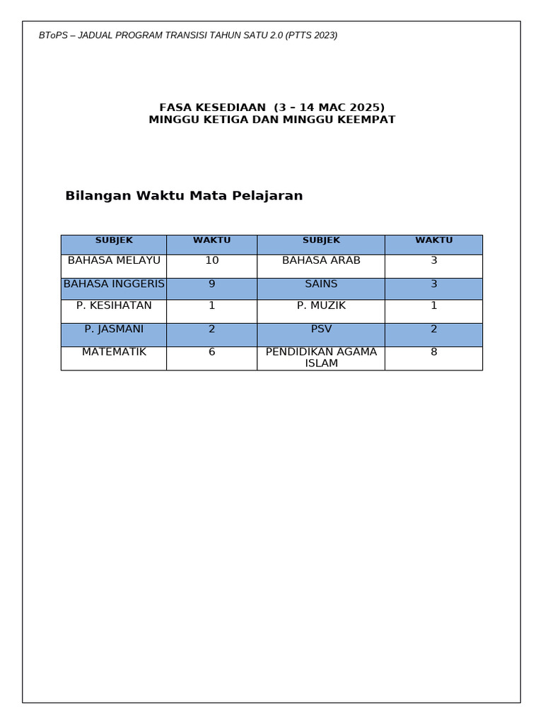 Jadual PTTS Tahun Satu 2023 | PDF