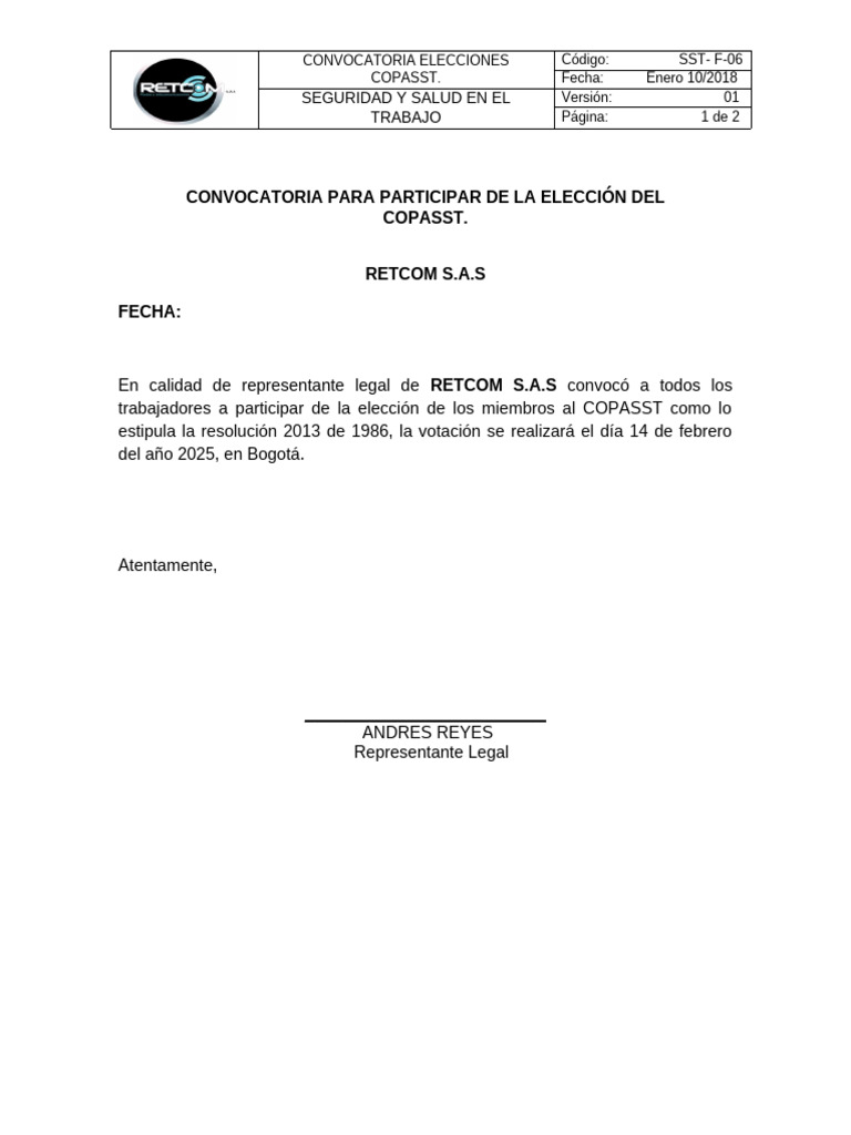 Convocatoria Elecciones COPASST 2025 | PDF