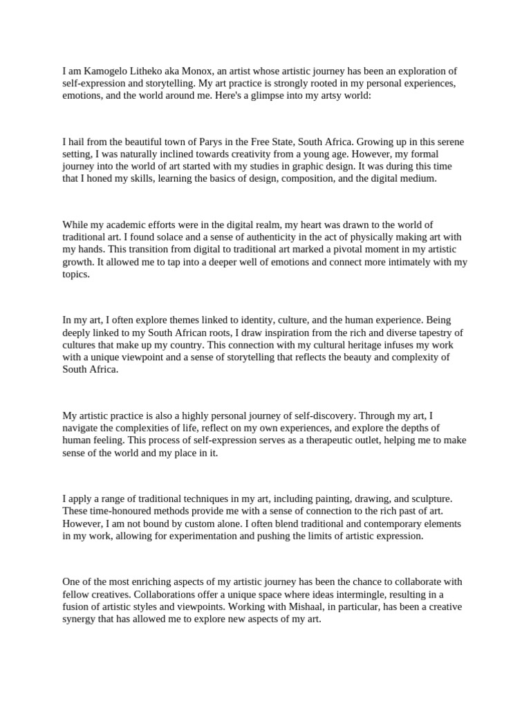 Kamogelo Litheko Artist Write Up | PDF | The Arts | Liberal Arts Education