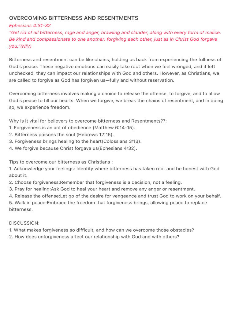 Overcoming Bitterness and Resentments | PDF