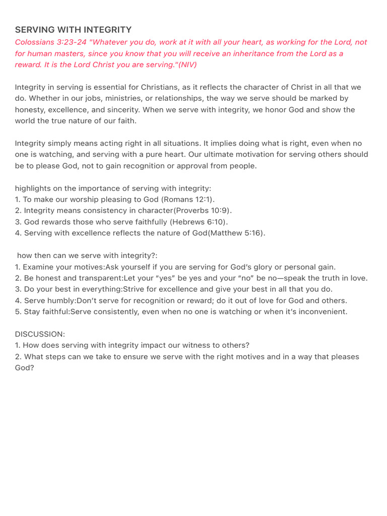 Serving with Integrity in Faith | PDF