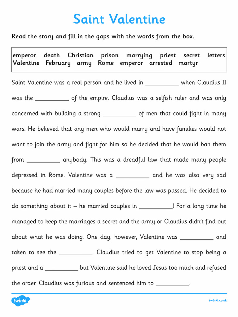Saint Valentine Cloze With Word Bank Activity Sheet | PDF
