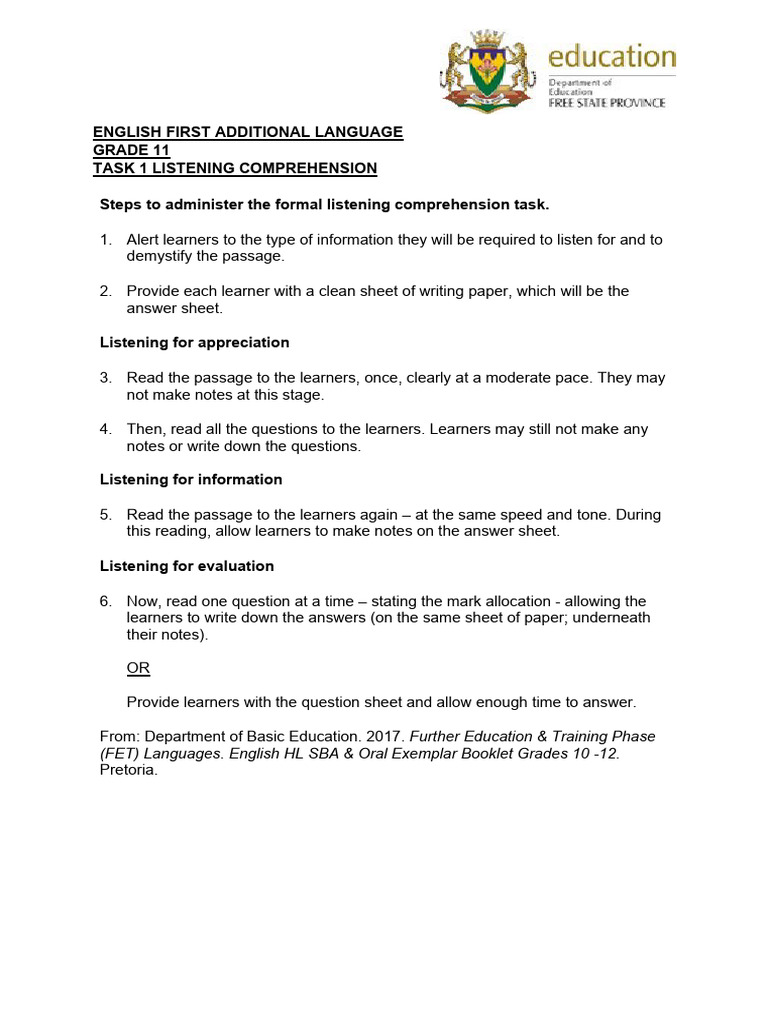 Grade 11 Efal Task 1 Listening Comprehension 2024 | PDF | Cognition ...