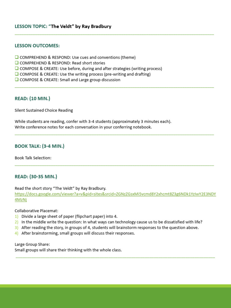 The Veldt": Lesson Topic | PDF | Narration | Thought