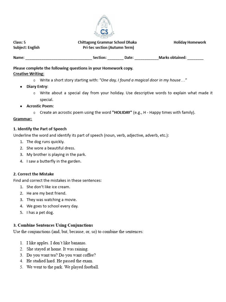 Holiday HW CL 5 | PDF