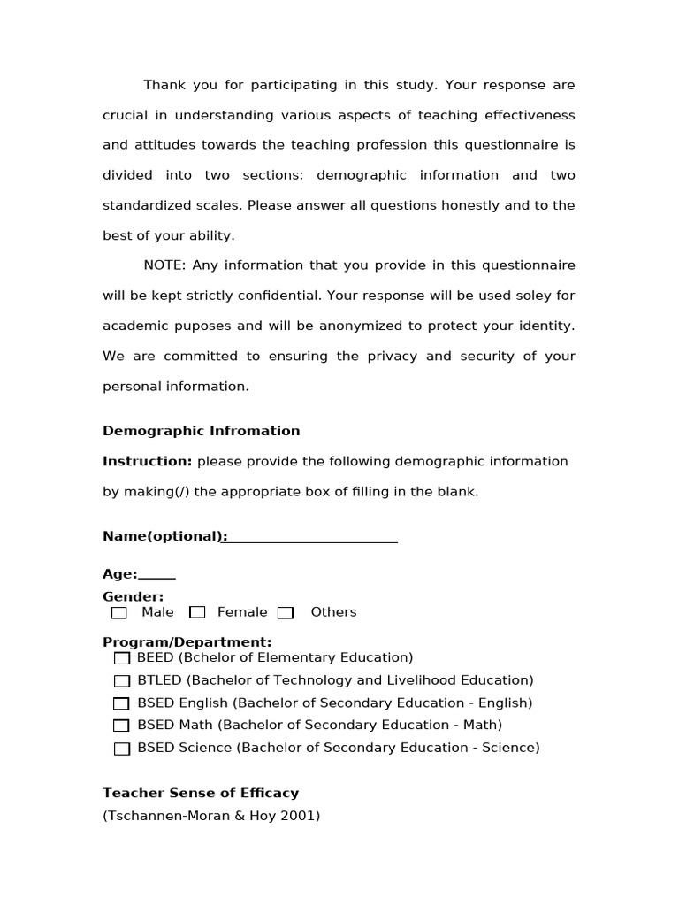 Teacher Effectiveness Survey Questionnaire | PDF | Teachers | Classroom ...