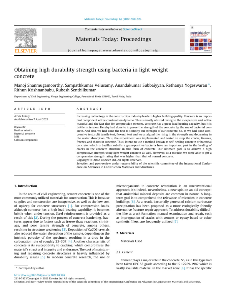 Obtaining High Durability Strength Using Bacteria I - 2022 - Materials ...