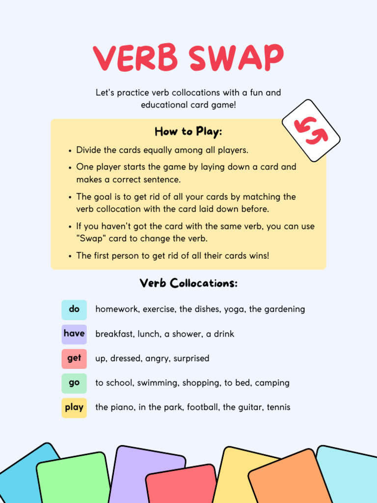 Colourful Illustrative Verb Collocations Educational Game English ...