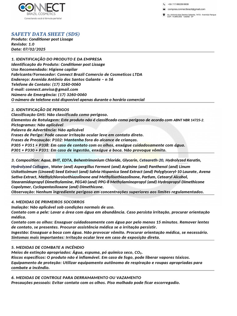 MSDS Conditioner Post Lissage | PDF