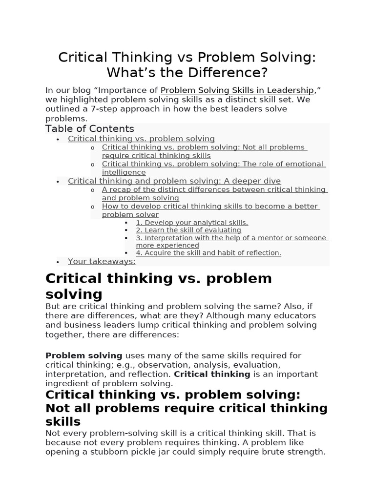 Critical Thinking Vs Problem Solving | PDF | Thought | Critical Thinking