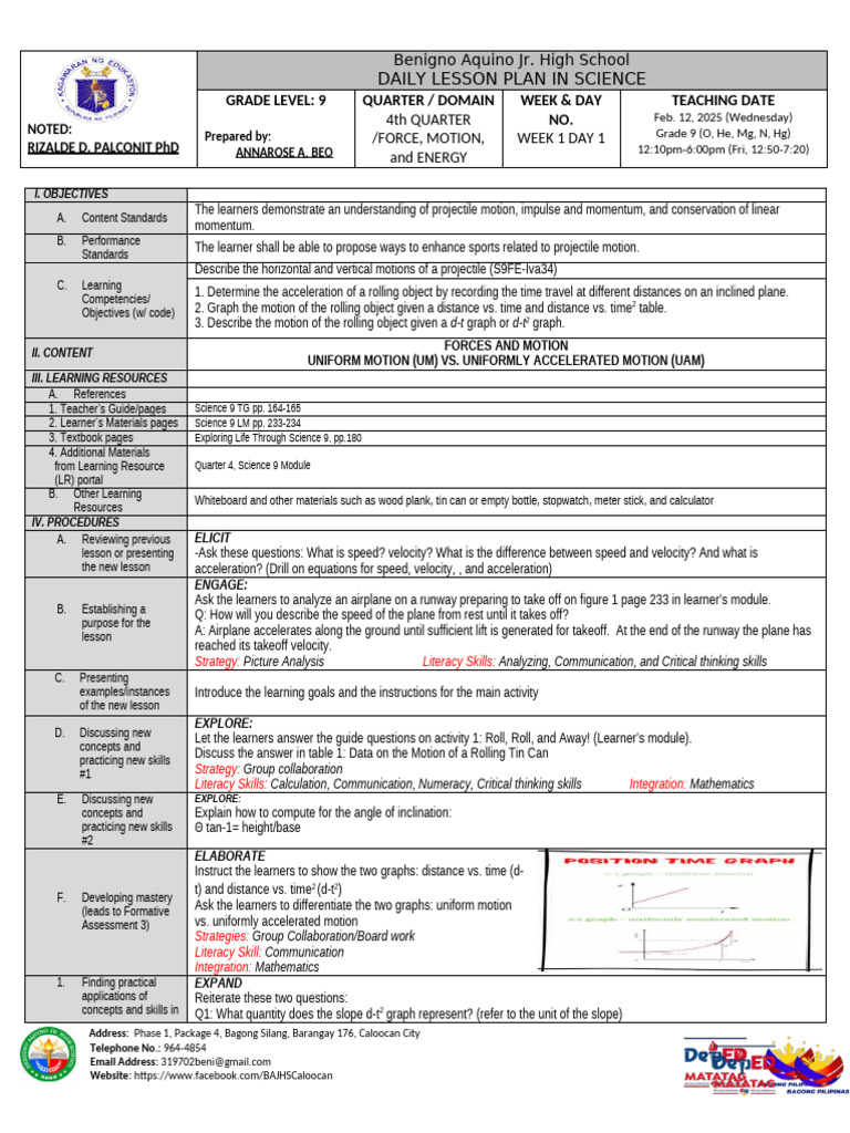 DLP - 4THQ - Science-9 - Feb12 - Uniform Motion vs. Uniformly Accelerated Motion Activity | PDF ...