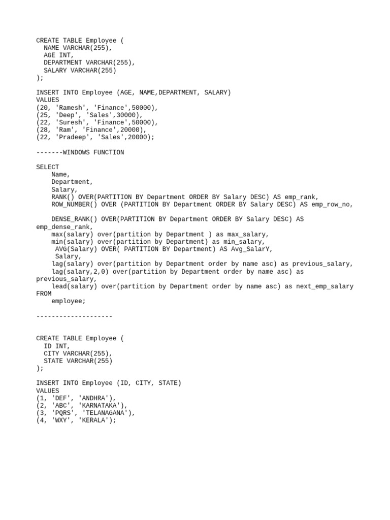 CREATE TABLE Employee ( | PDF