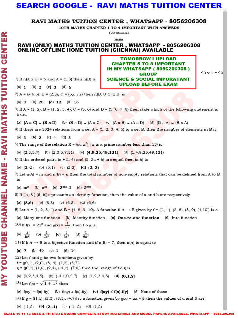 Namma Kalvi 10th Maths Important Questions With Answers EM 221816 | PDF | Function (Mathematics ...