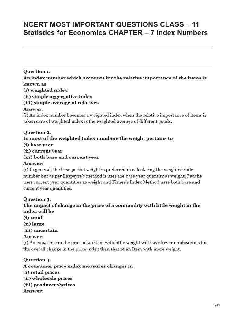 Class 11 Economics: Index Numbers Guide | PDF | Cost Of Living ...