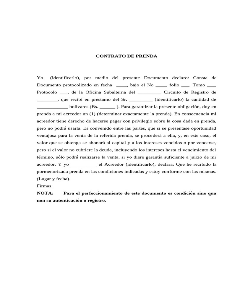 Contrato de Prenda: Modelo y Cláusulas | PDF