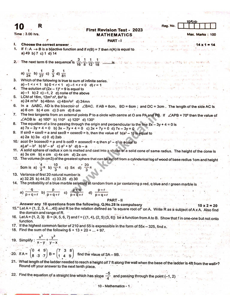 10th Maths 2nd Revision QP EM Erode DT | PDF