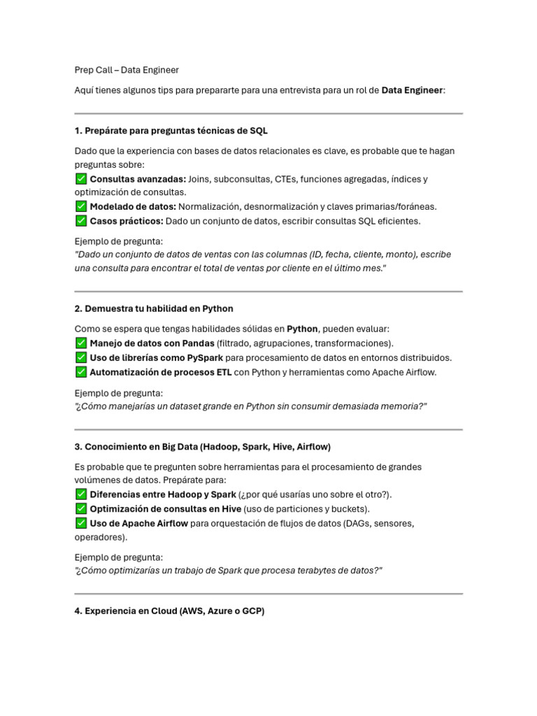 Prep Call - Data Engineer | PDF | Computación en la nube | Apache Hadoop