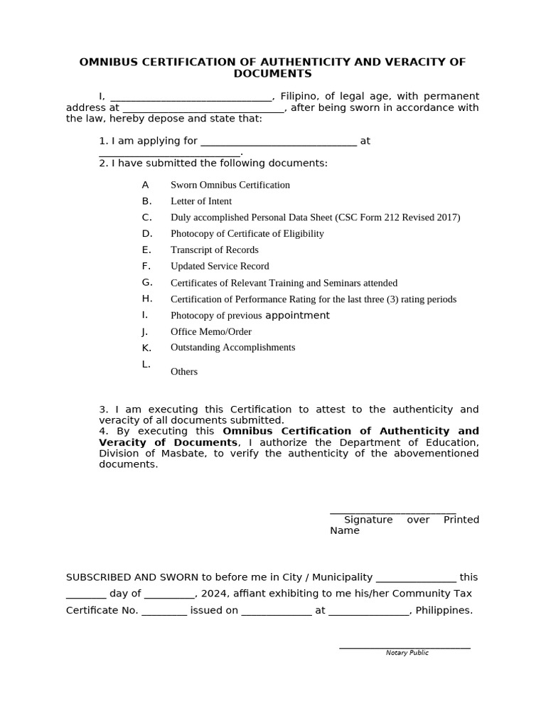 Omnibus Certification of Authenticity and Veracity of Documents Sample ...