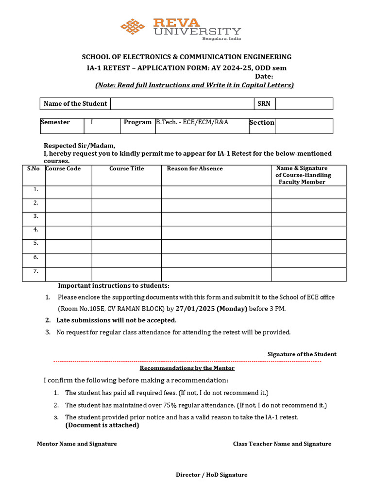 SoECE IA-1 RETEST APPLICATION FORM - I Semester | PDF