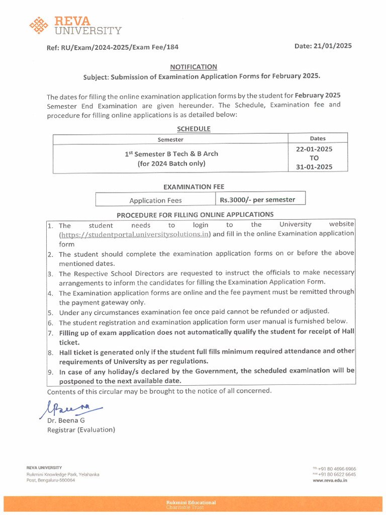 Notification - Examination Fee 1st Sem B Tech & B Arch 2024 Batch | PDF ...