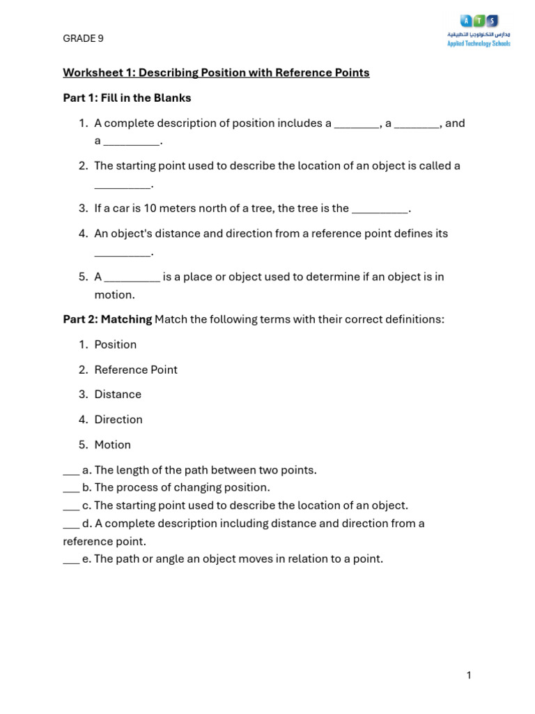 Worksheet 1 - Distance - Direction - Motion - Reference Point | PDF