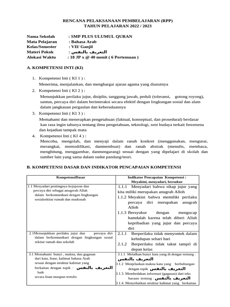 RPP Bahasa Arab Kelas 7 MTs K13 Materi At-Tarif Bin Nafsi Ust. Mullydi Ali | PDF